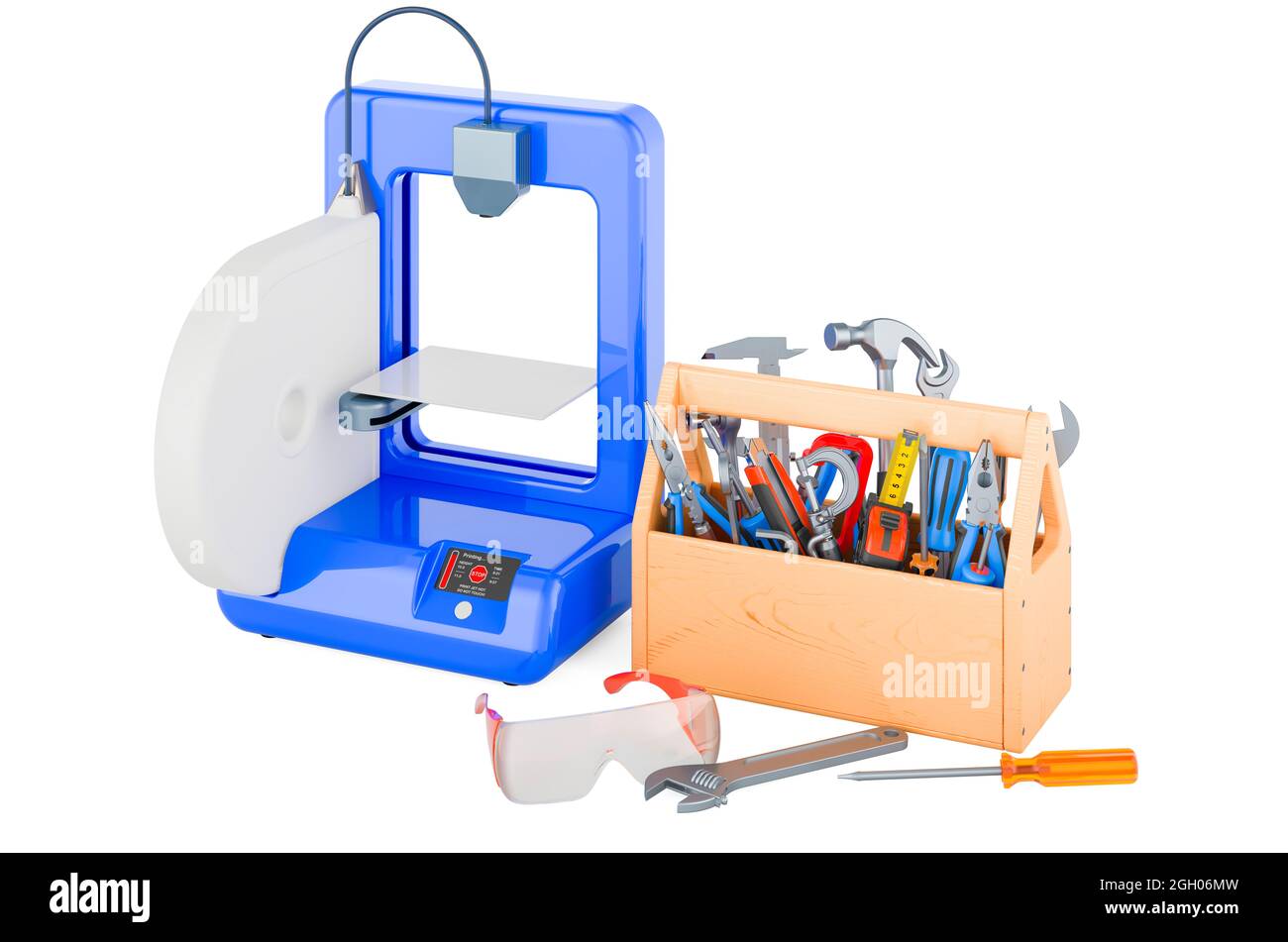 3D printer with toolbox. Repair and service of 3D printer, 3D rendering ...