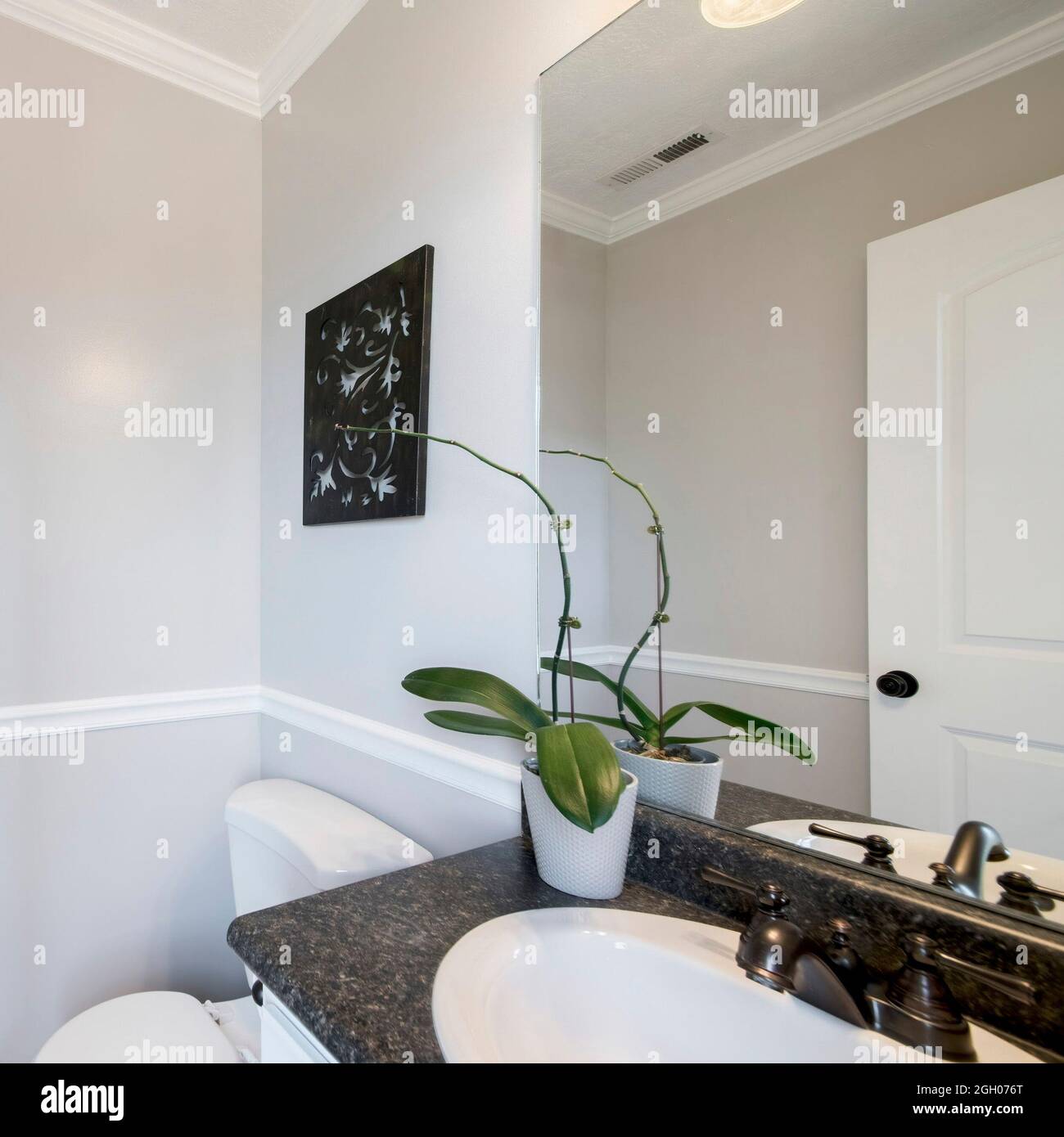 Square frame Minimalist powder room design with indoor flowerless ...