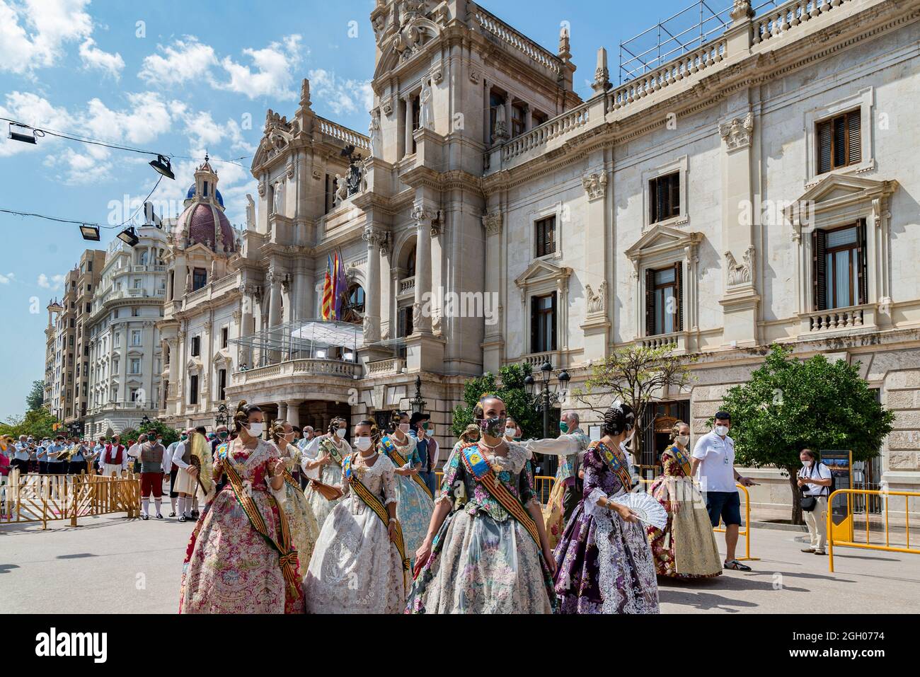 Valencia, Spain. 03rd Sep, 2021. Falleras wearing masks seen during the ...