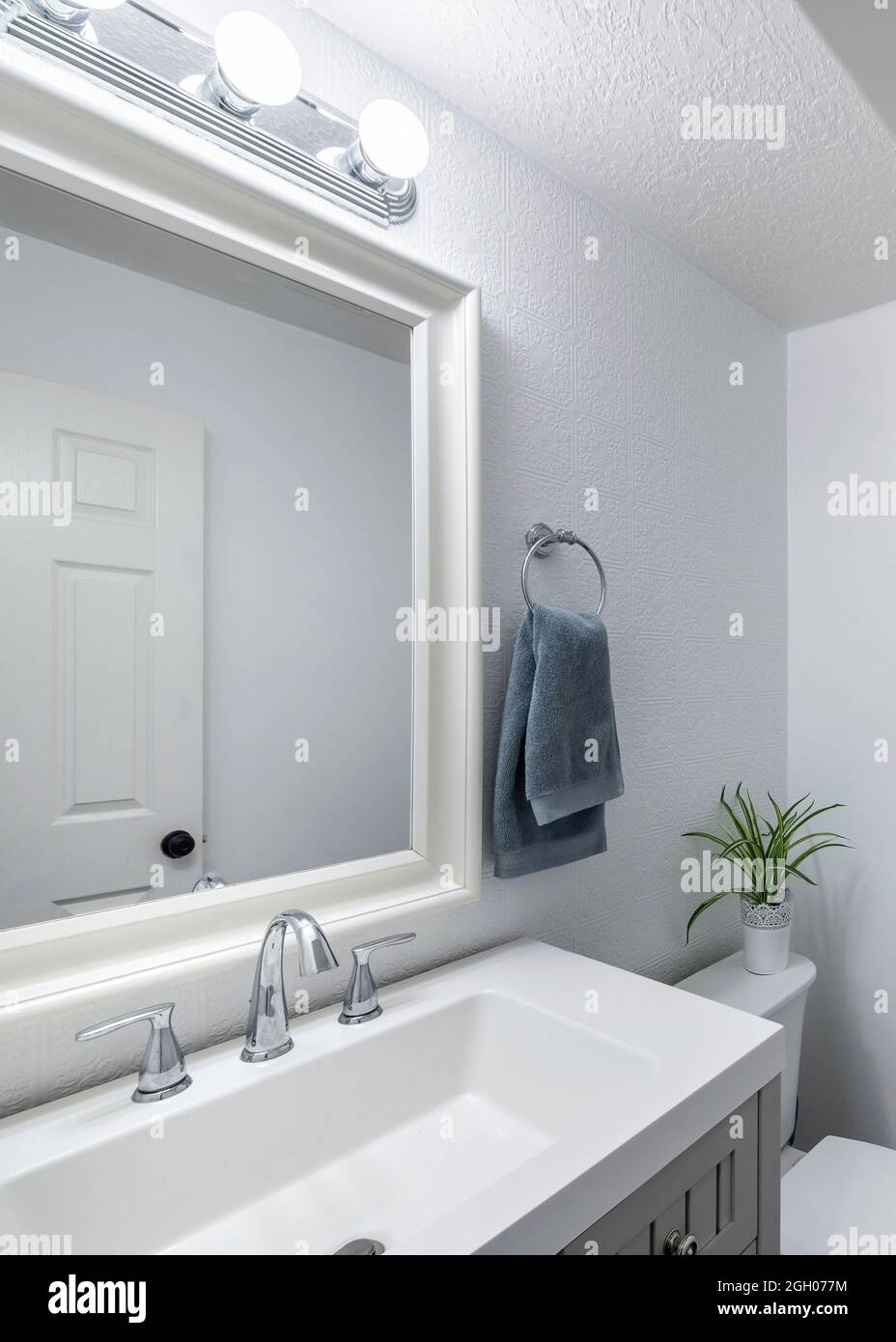 Vertical Bathroom design with plain white walls and vanity sink Stock ...