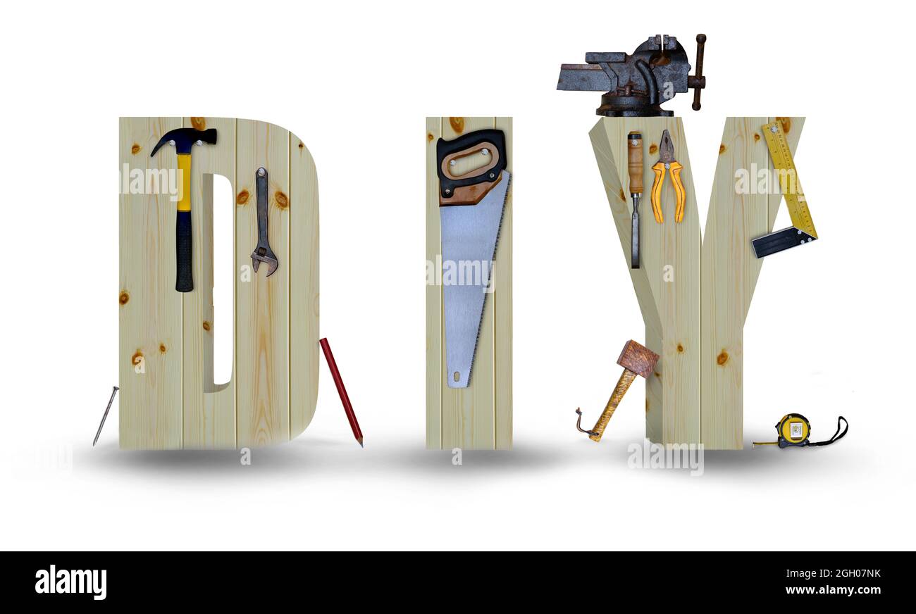 Wood letters of DIY with the hanging tools isolated on white background ...