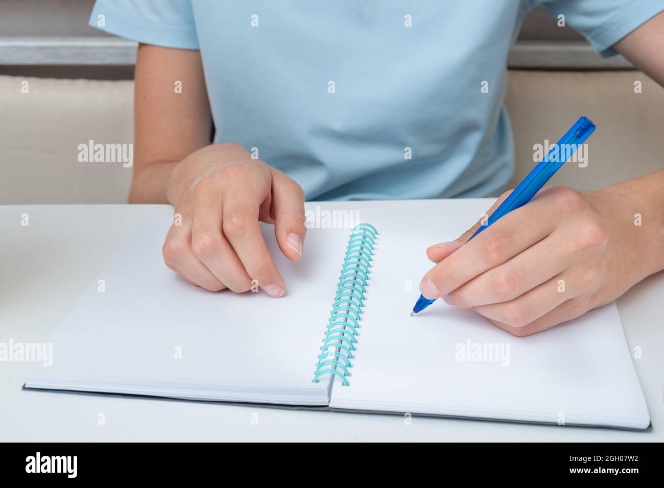Female student hand holding a pen writing in a notebook, close-up, copy ...