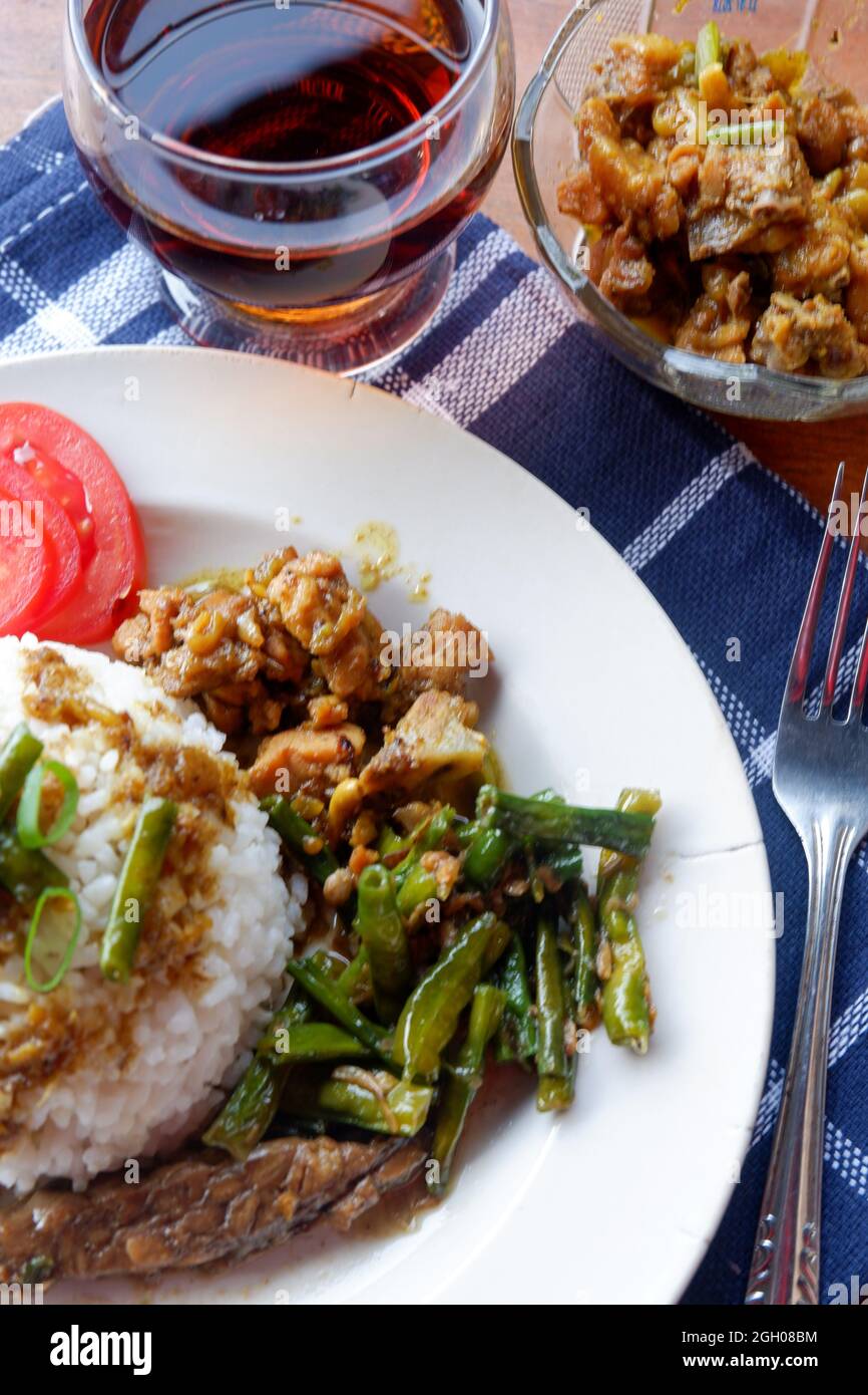Close up of Heavy food include rice, peanuts, meat and tea Stock Photo ...