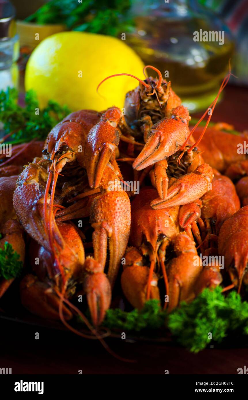 red and appetizing boiled crawfish on a plate Stock Photo - Alamy