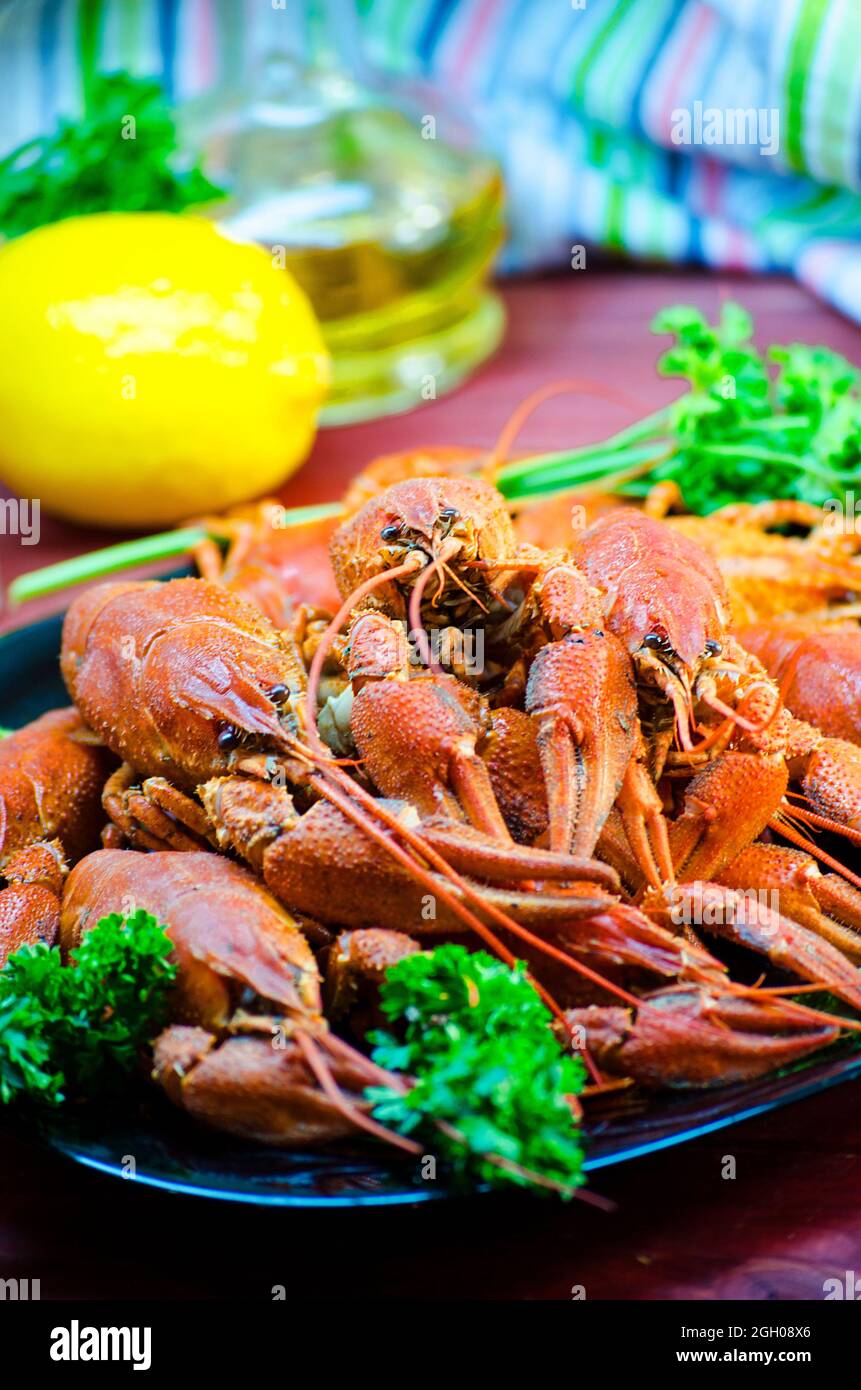 red and appetizing boiled crawfish on a plate Stock Photo - Alamy