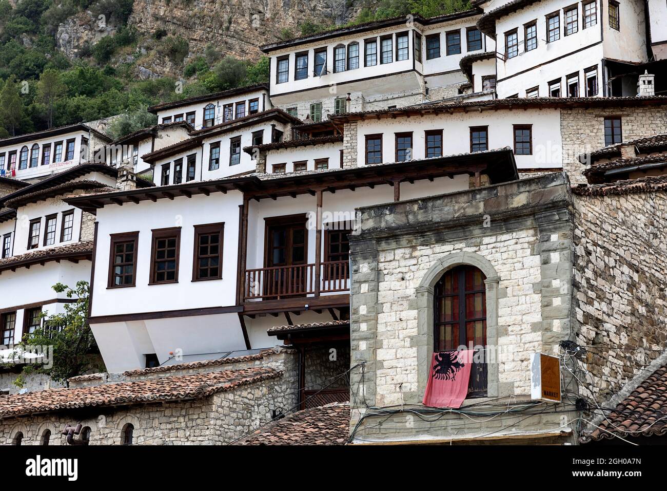 Traditional old otoman houses in old part of unesco city of berat in ...