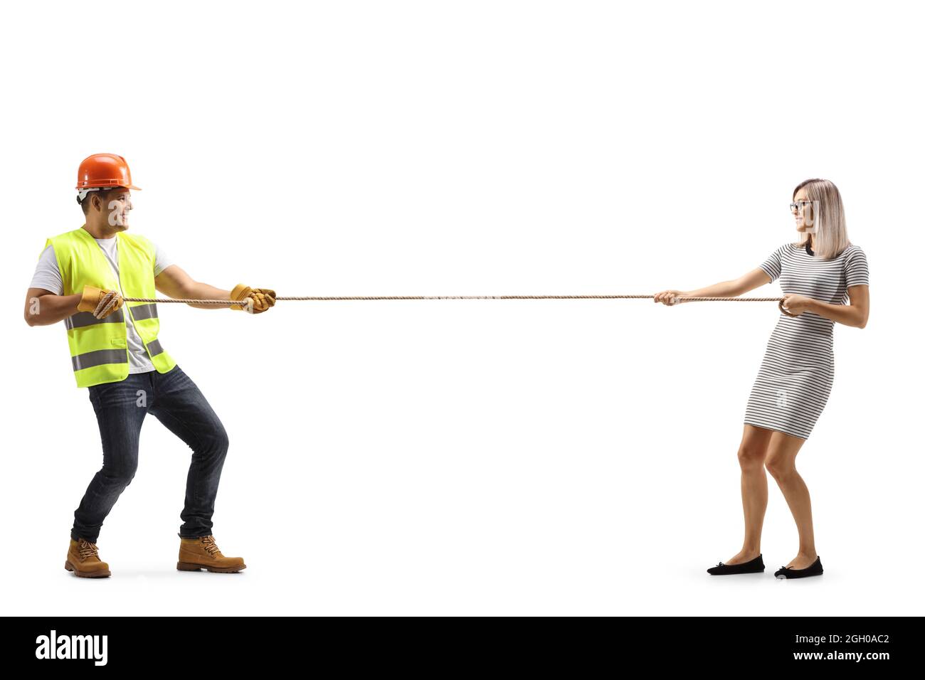 Full length profile shot of a construction worker and a young woman ...