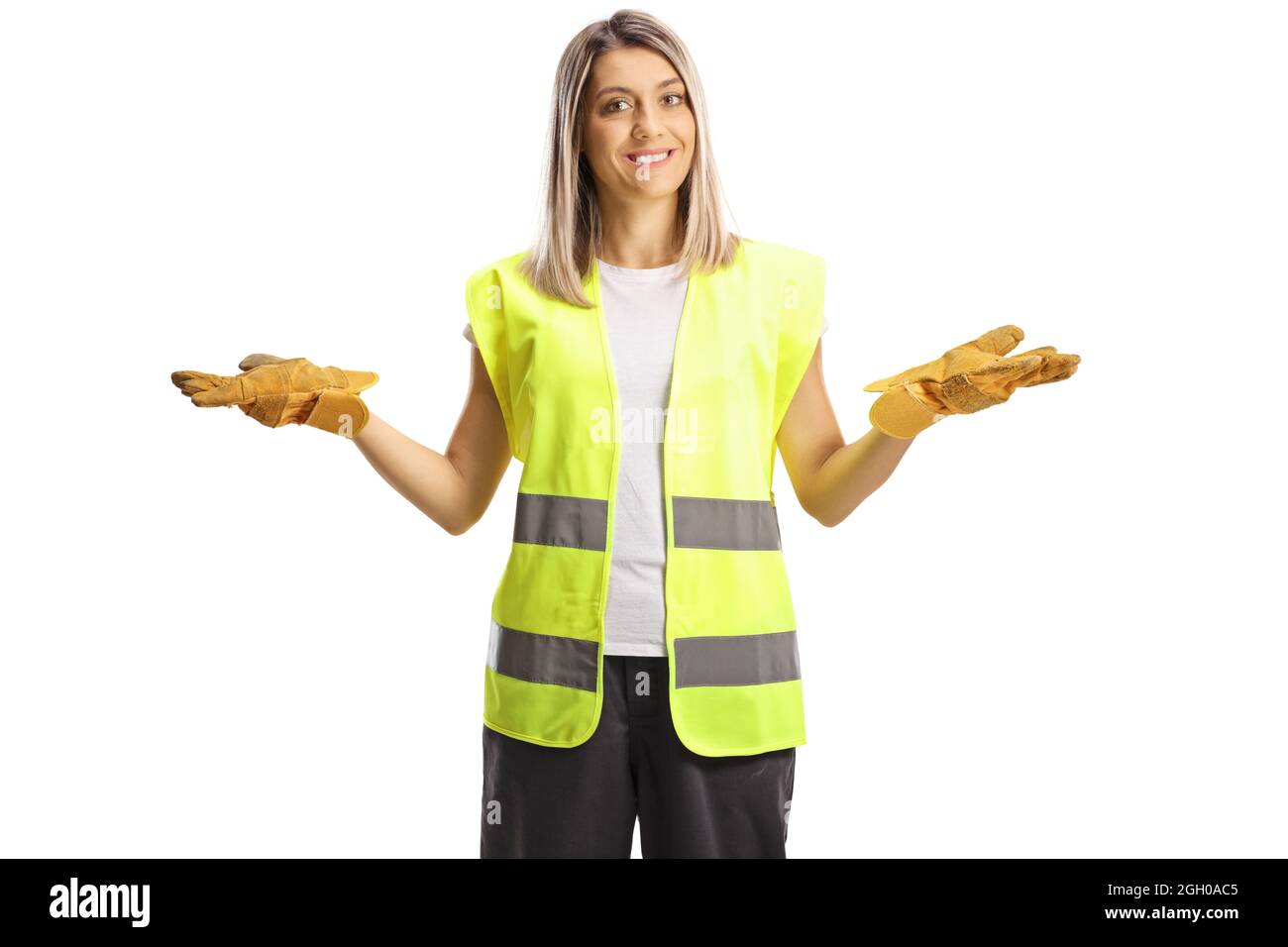 Female community worker gesturing with hands isolated on white ...