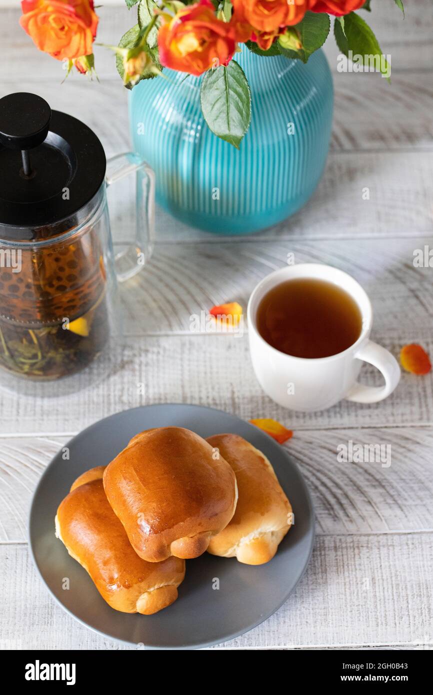 Breakfast with delicious tea rolls Stock Photo - Alamy