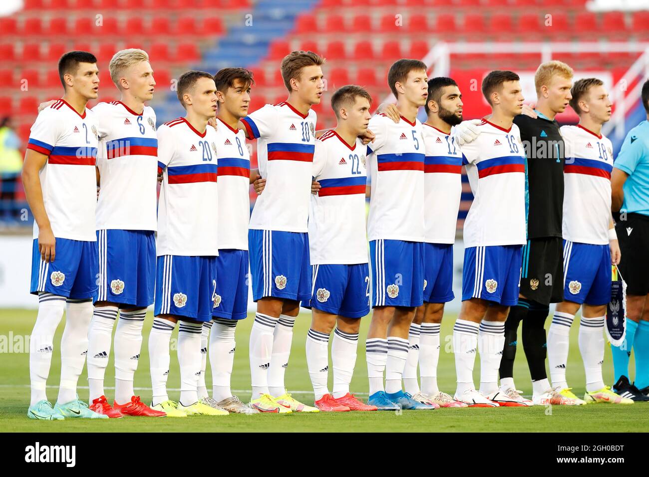 Almendralejo, Spain. 3rd Sep, 2021. Under-21 Russia team group line-up ...