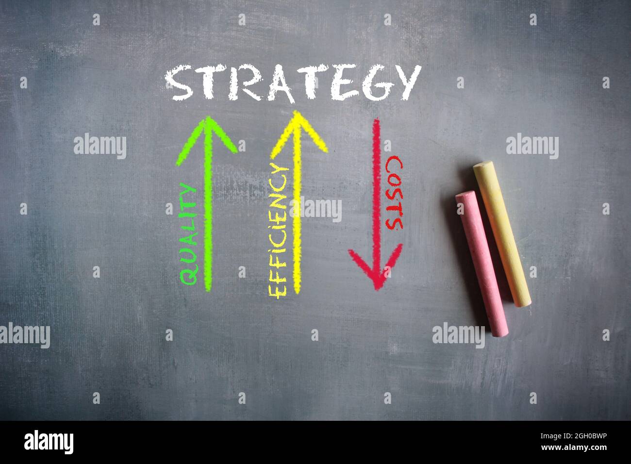 Business strategy concept. Chalkboard drawing image of arrow and text ...