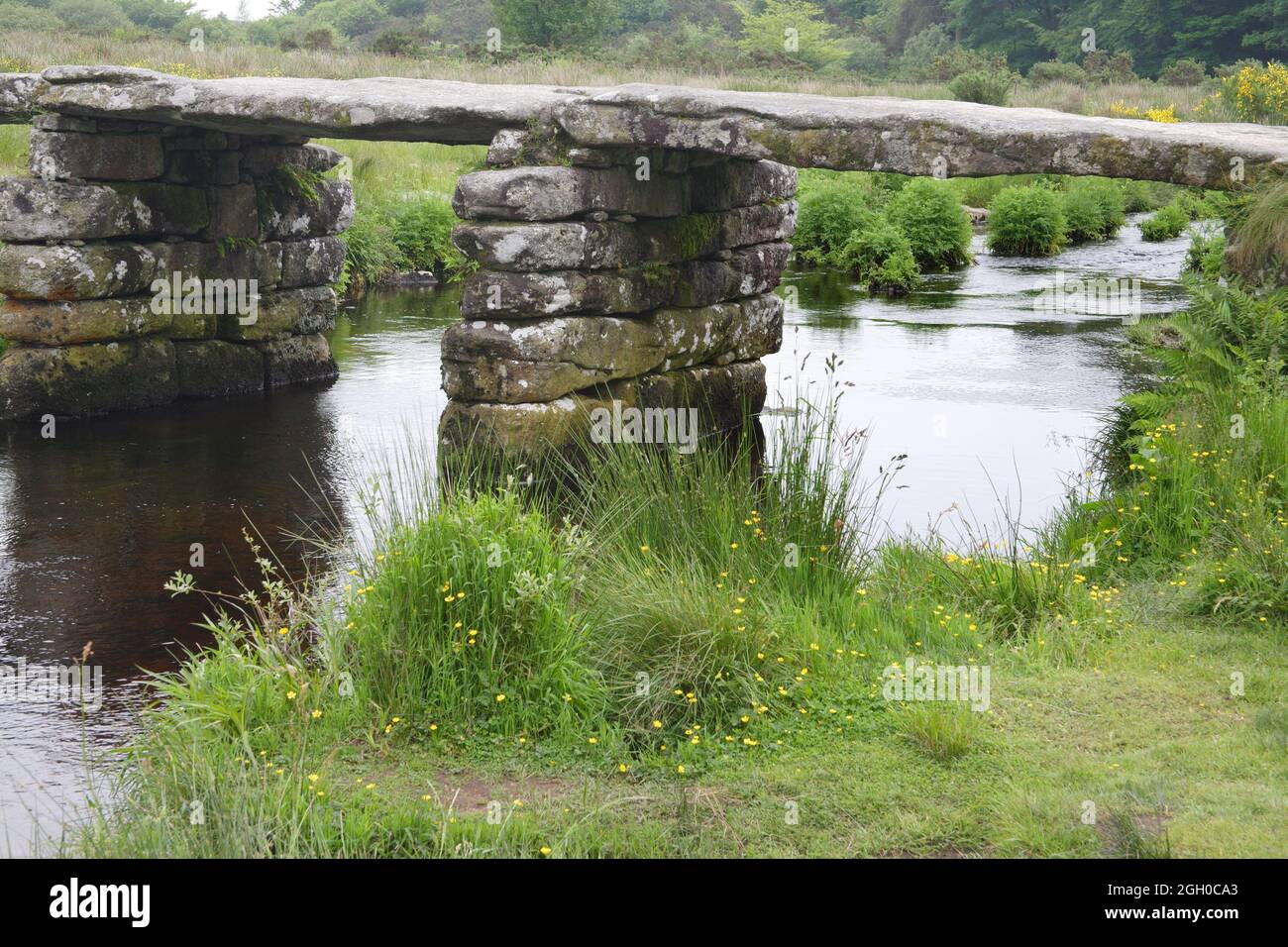 ancient clapper bridge at two bridges over the west dart river on ...