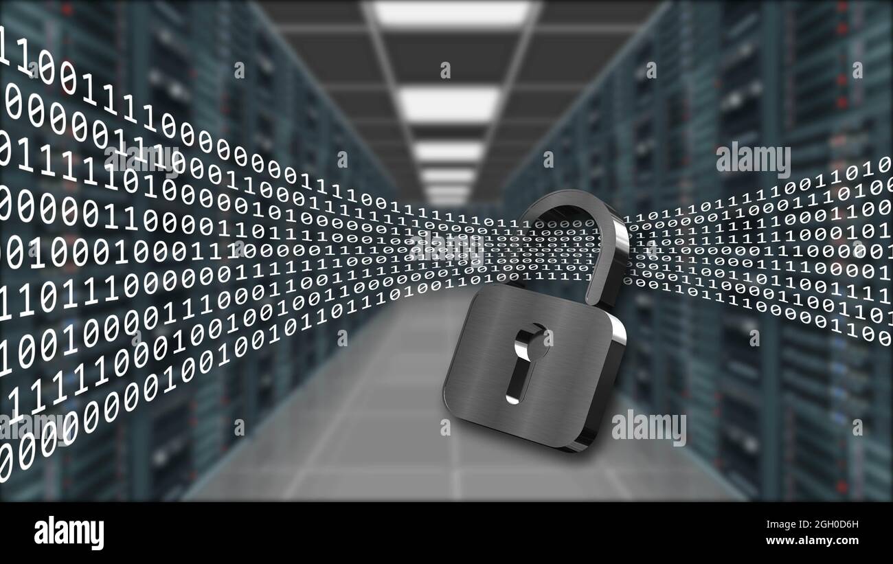 Digital Data Stream Flows Through Closed Padlock Series Of Binary Code On Blurred Data Server