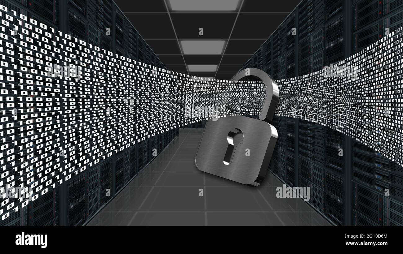 Digital Data Stream Flows Through Closed Padlock Series Of Binary Code On Data Server Room 9065