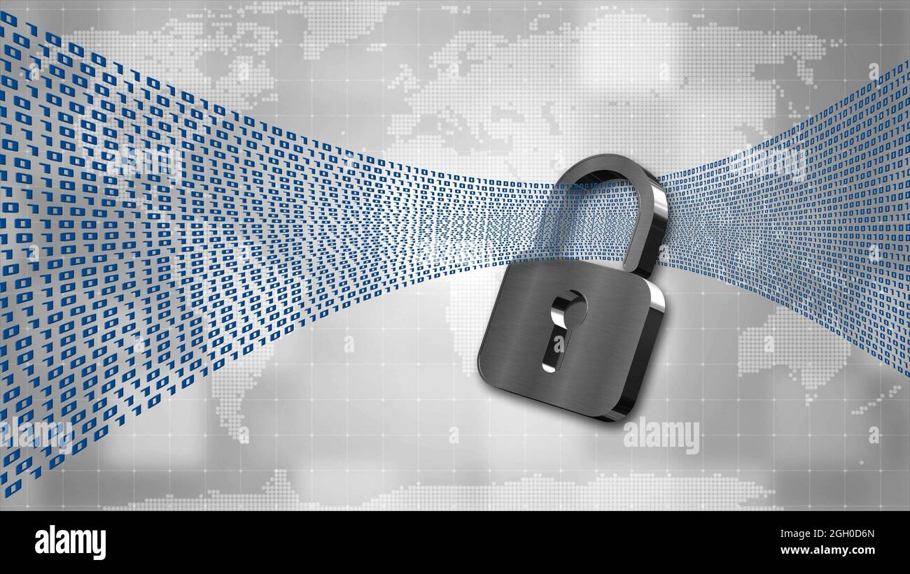 Digital Data Stream Flows Through Closed Padlock Series Of Binary Code On World Map Background