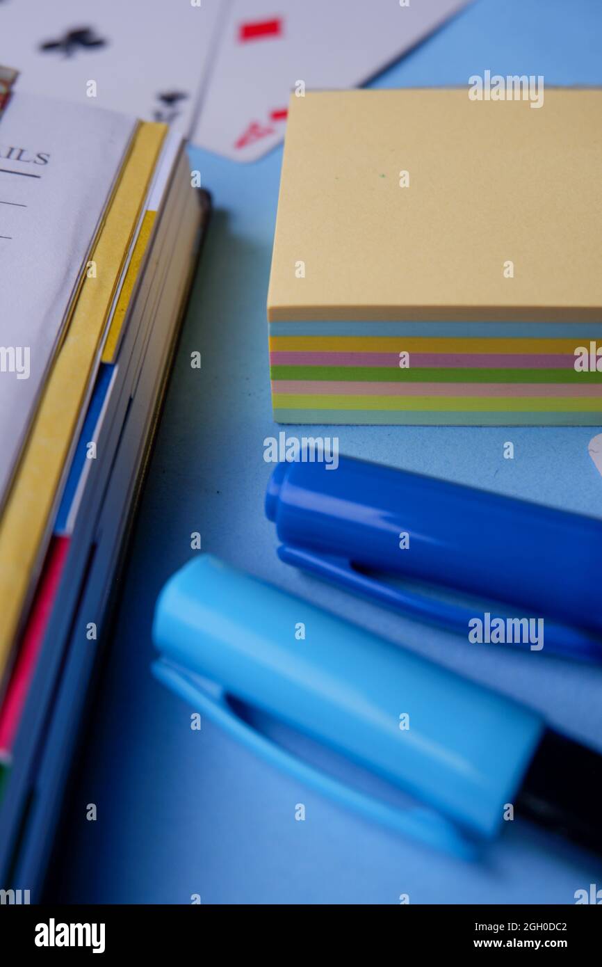 Close up of book stationery, color markers and color notes Stock Photo ...