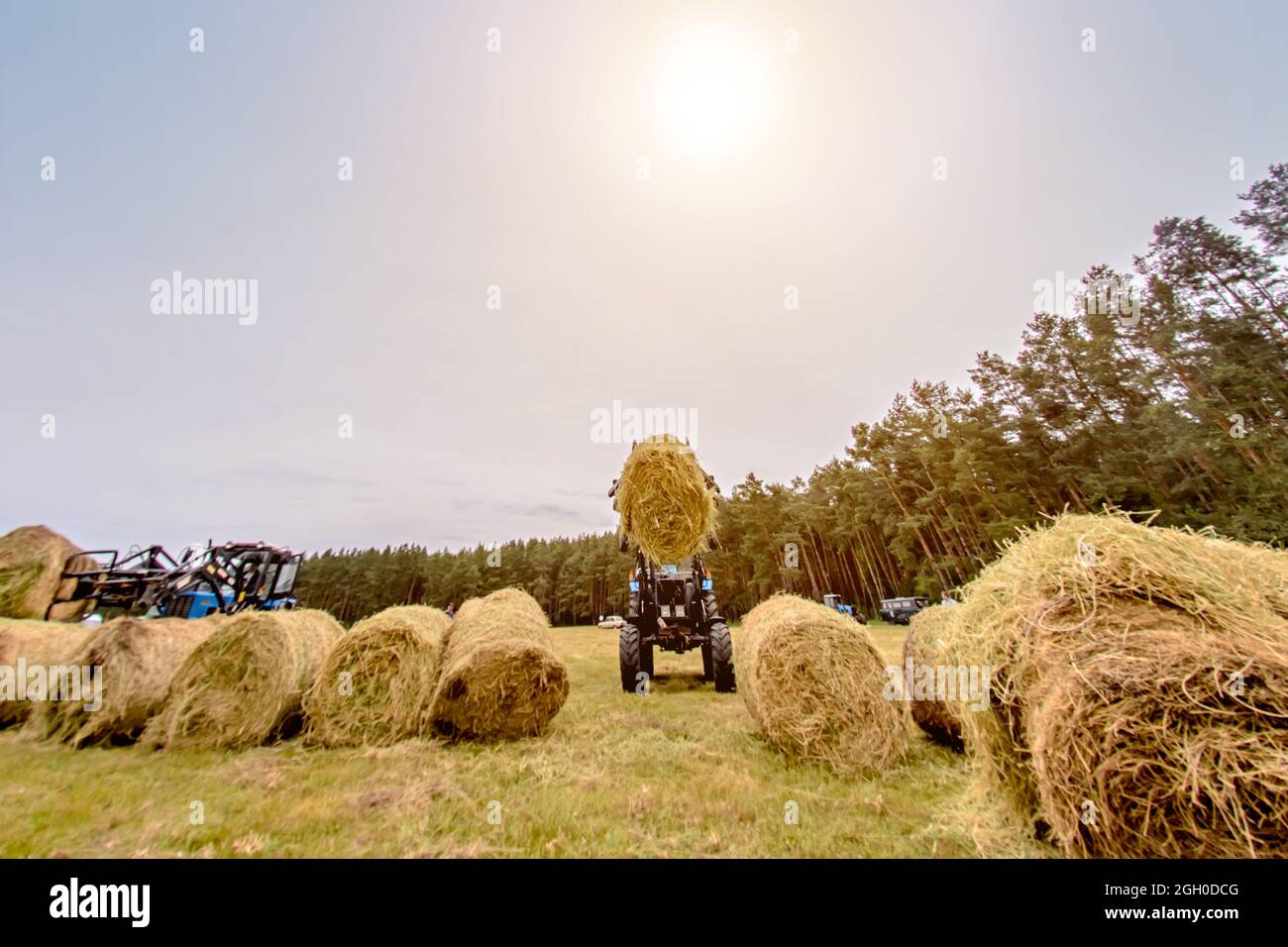 tractor hay stacks in the field. Toning Stock Photo - Alamy