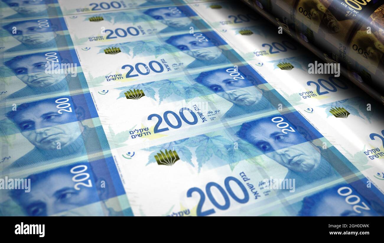 Israeli shekel money printing 3d illustration. 200 NIS banknote print ...