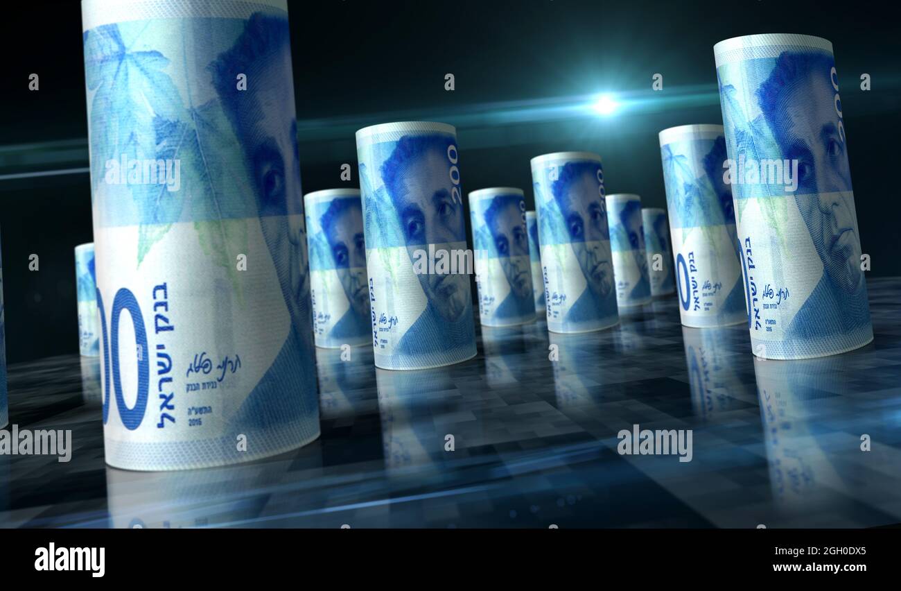 Israeli shekel money pack 3d illustration. 200 NIS banknote roll ...