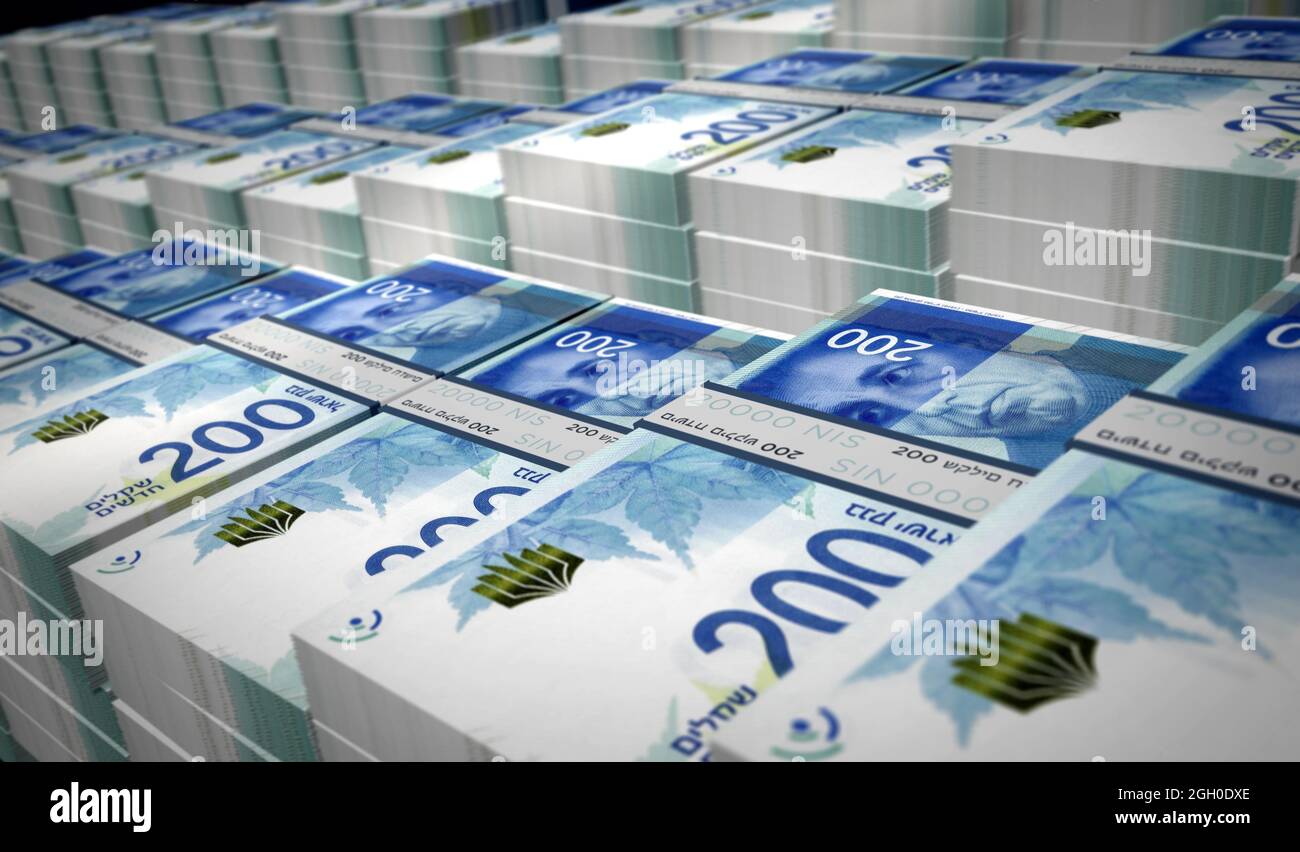 Israeli shekel money pack 3d illustration. 200 NIS banknote bundle ...