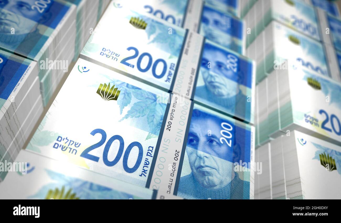 Israeli shekel money pack 3d illustration. 200 NIS banknote bundle ...