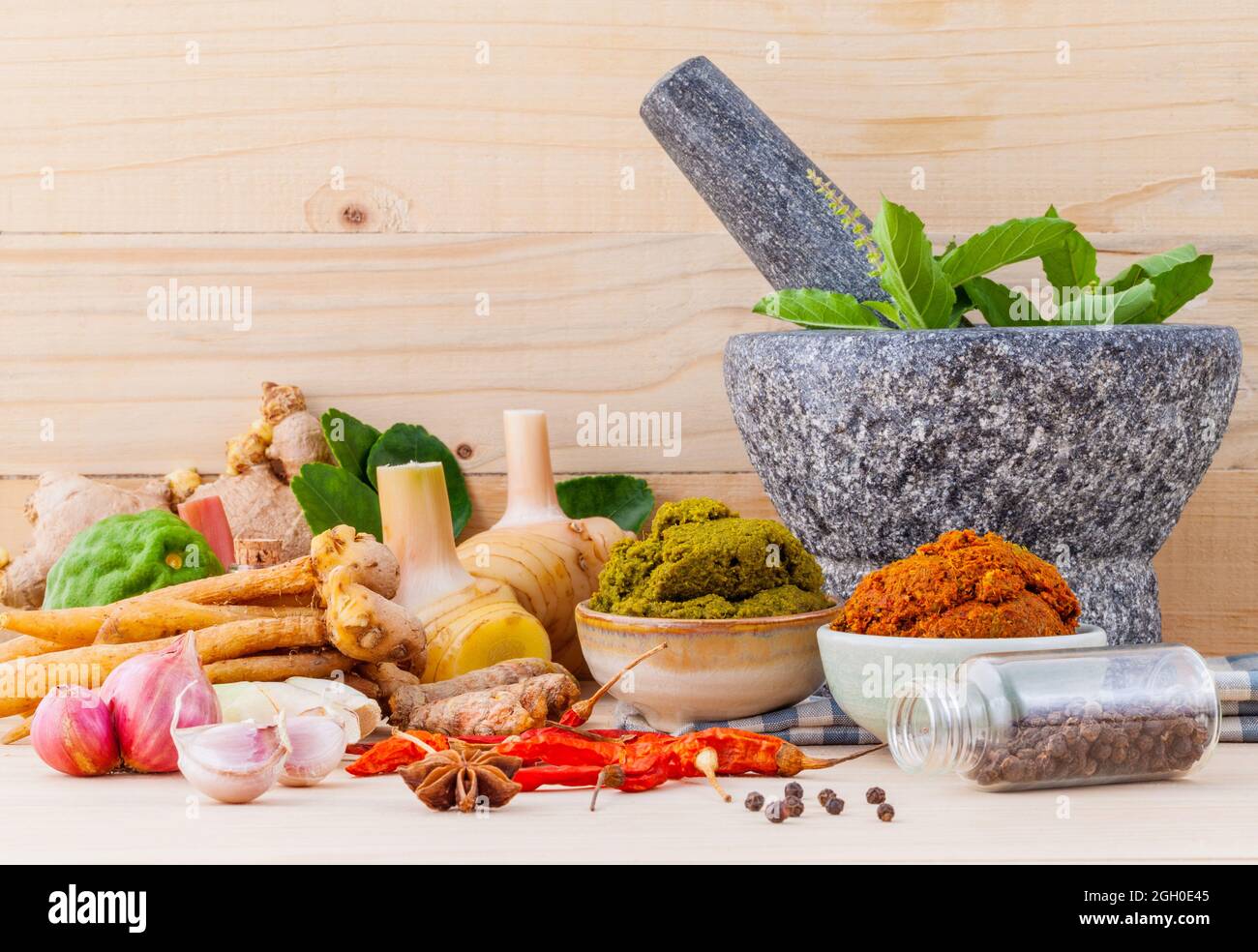 Assortment of Thai food Cooking ingredients and Paste of thai popular ...
