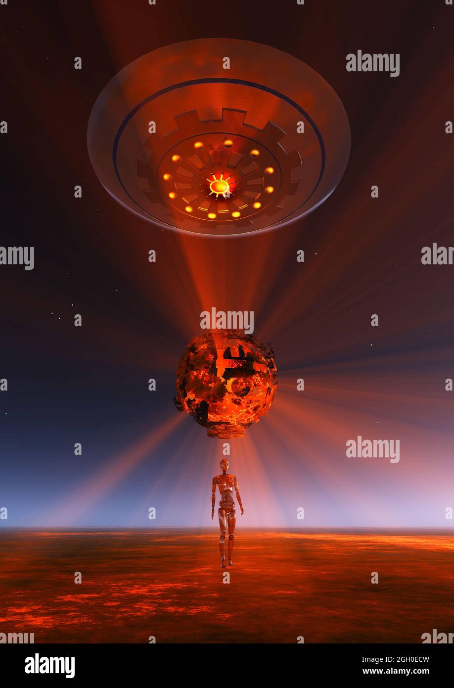 Explorer & UFO Arrival Stock Photo - Alamy