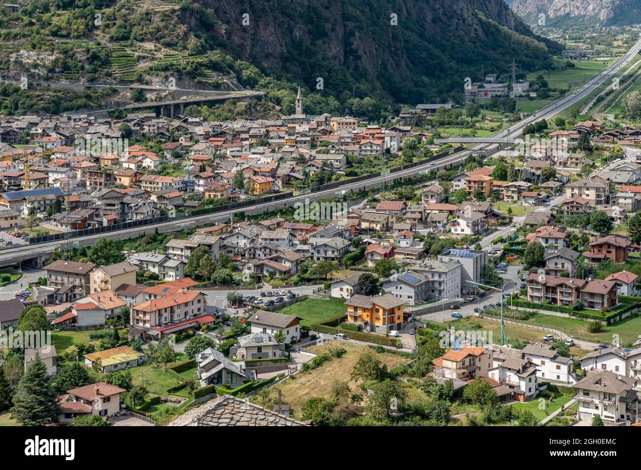 Aerial view of Hone and of the southern part of the Aosta Valley, Italy ...