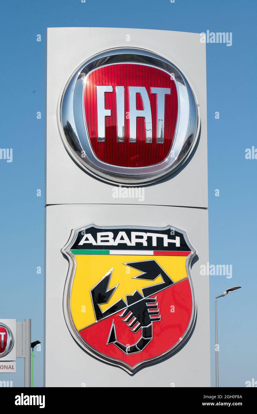 A shop sign of FIAT-ABARTH, on September 03, 2021 in Angouleme, France ...