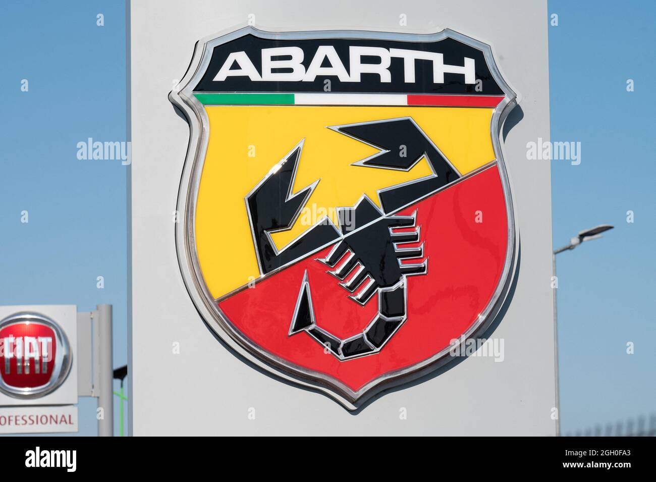 A shop sign of ABARTH, on September 03, 2021 in Angouleme, France ...