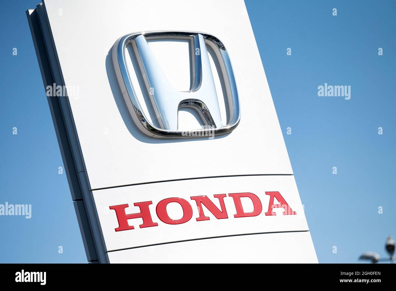 A shop sign of HONDA, on September 03, 2021 in Angouleme, France. Photo ...