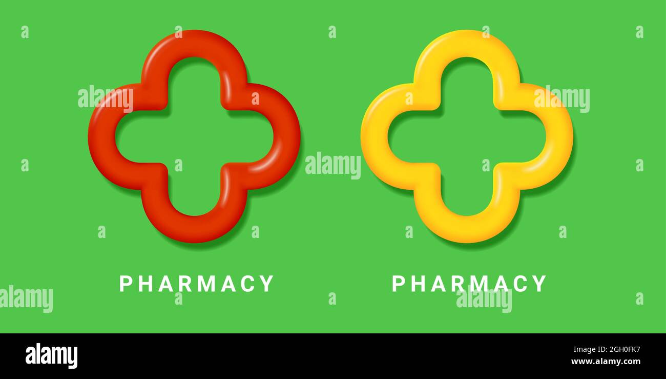 Pharmacy 3d symbol, rounded cross in yellow and red colors, logo sign ...