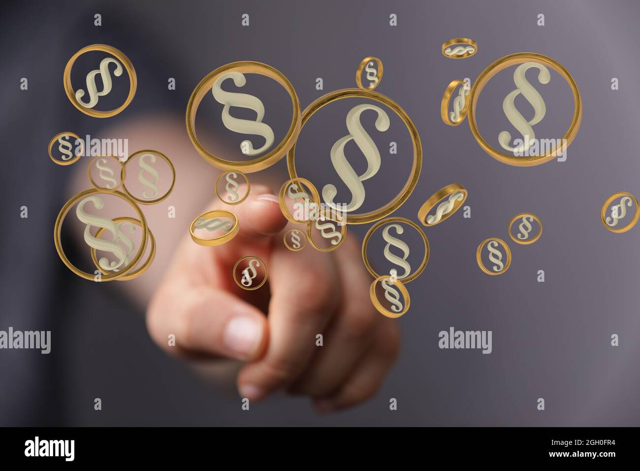 Digital concept of a Law and justice, finger pointed on a floating ...