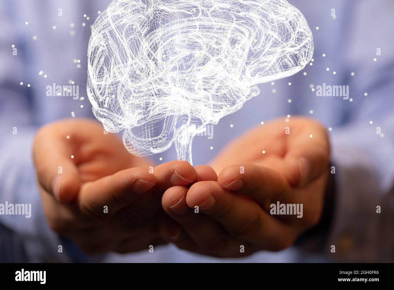 Digital concept of a human brain anatomical model floating on the hand ...