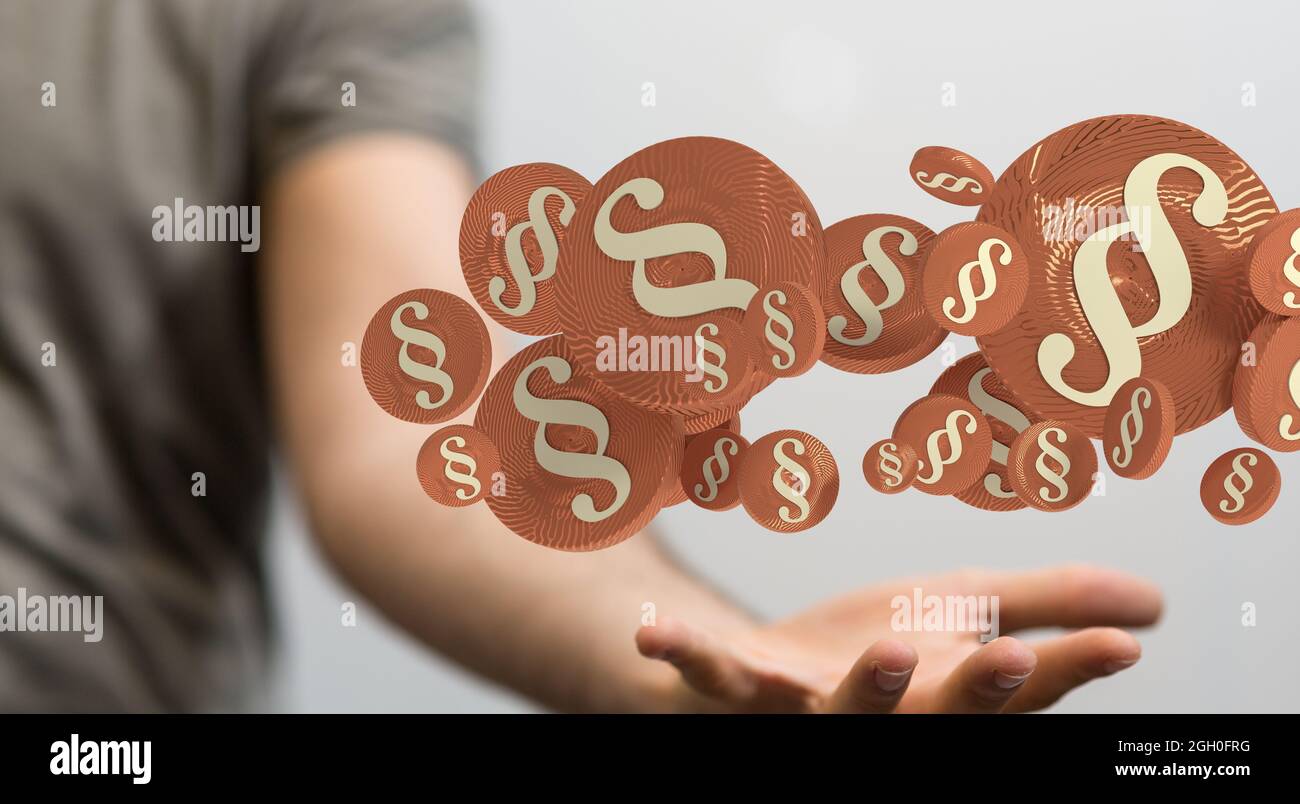 Digital concept of a Law and justice floating law signs on a hand Stock ...