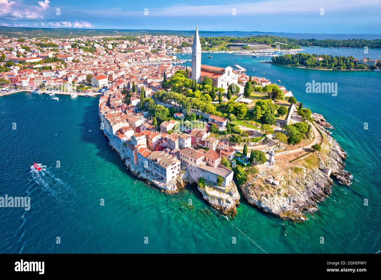 Town of Rovinj historic peninsula aerial view, famous tourist ...