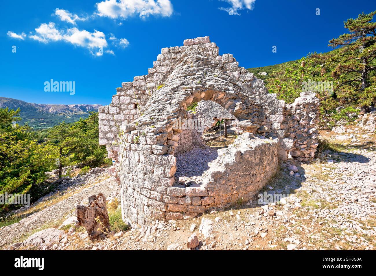Baska mountains walkway historic church ruins in desert landscape ...