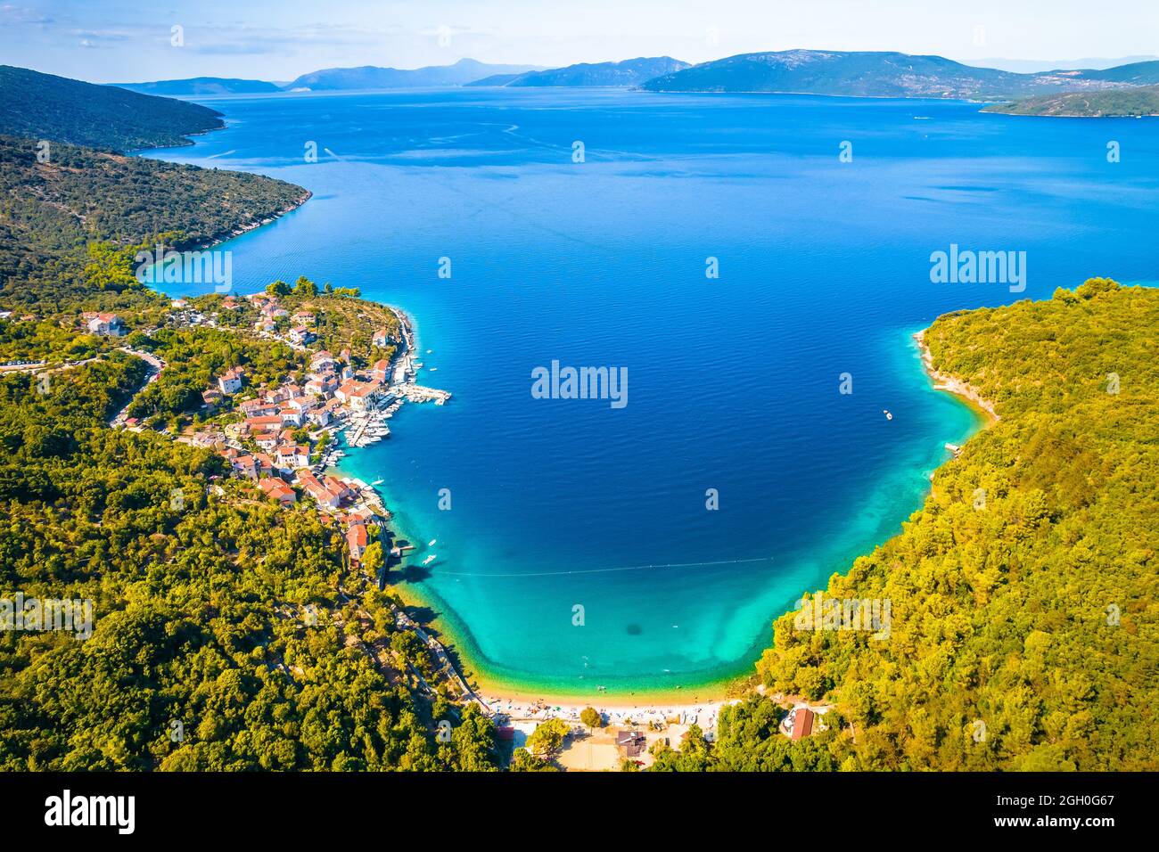 Bay and village of Valun on Cres island aerial view, idyllic beach and ...
