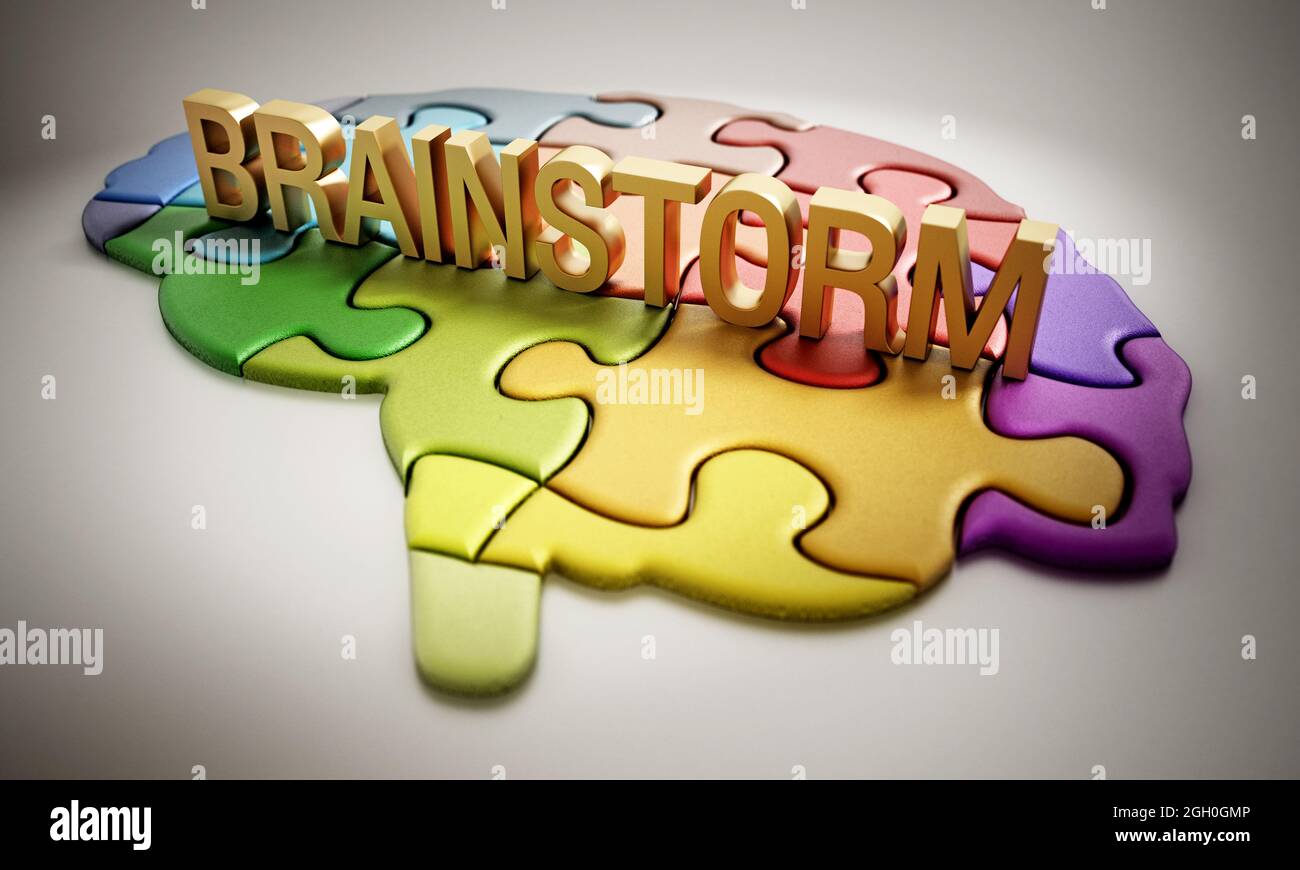 Brainstorm word standing on colorful puzzle pieces forming a human ...