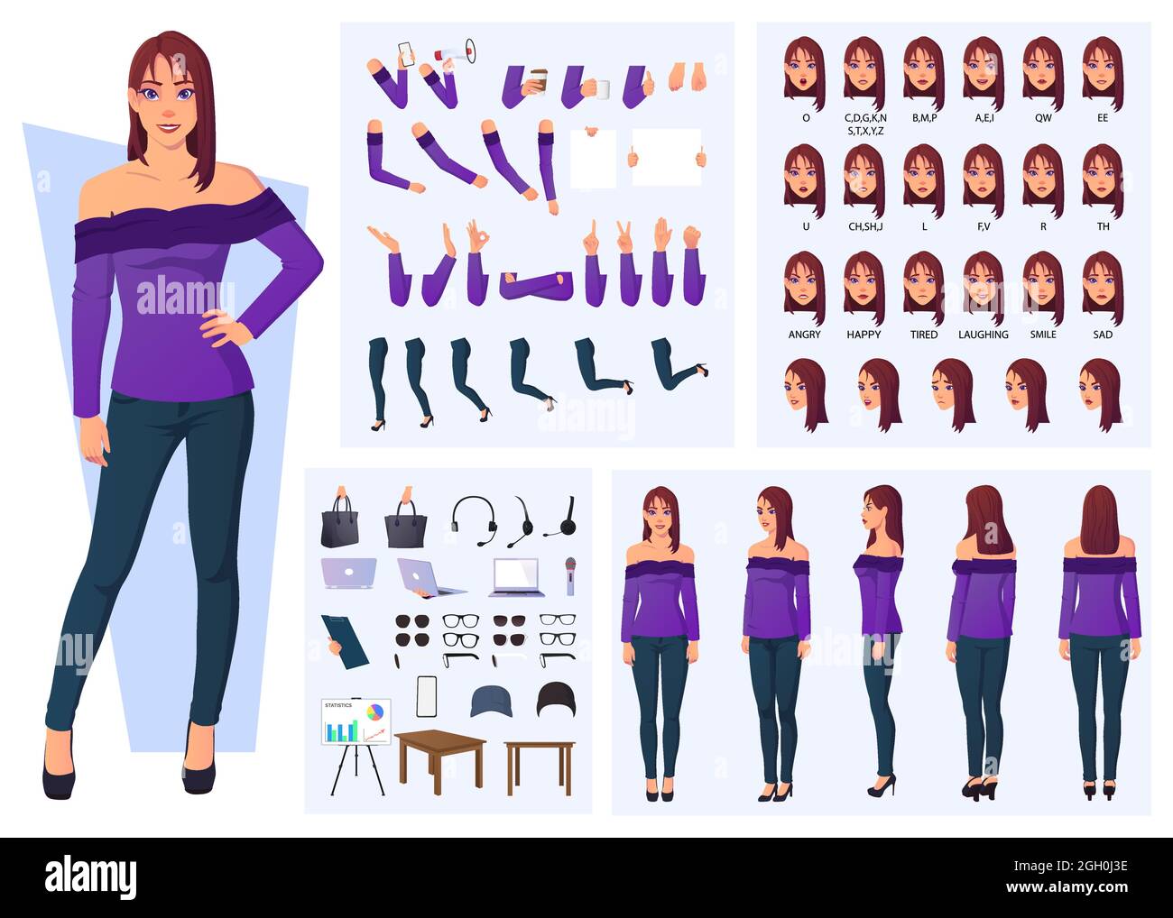 Set of Cartoon Vector Illustrations for Trendy Woman Character Creation ...