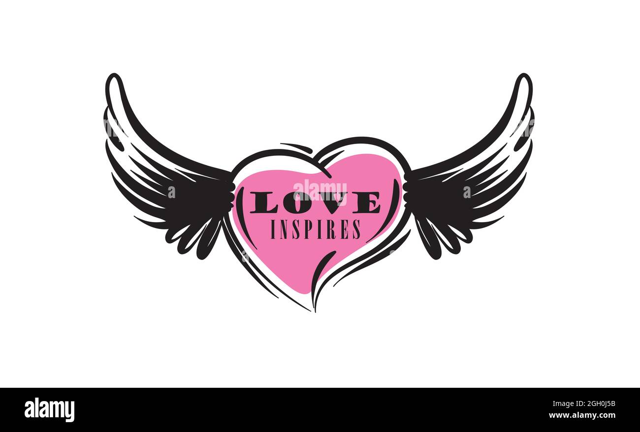 Drawn vector illustration of a heart and wings on a white background ...
