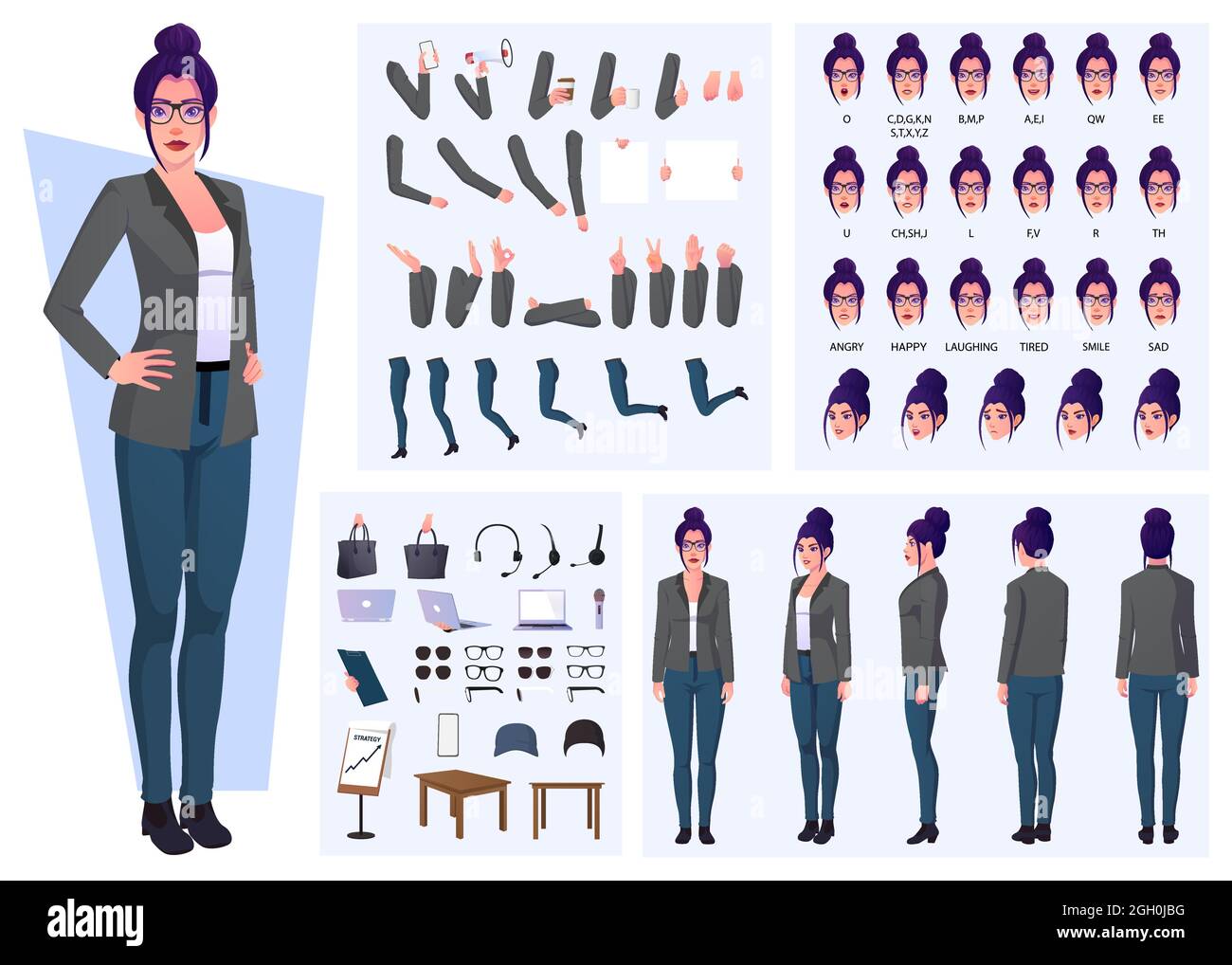 BusinessWoman Cartoon Character Set with Gestures, Expressions and Hand ...