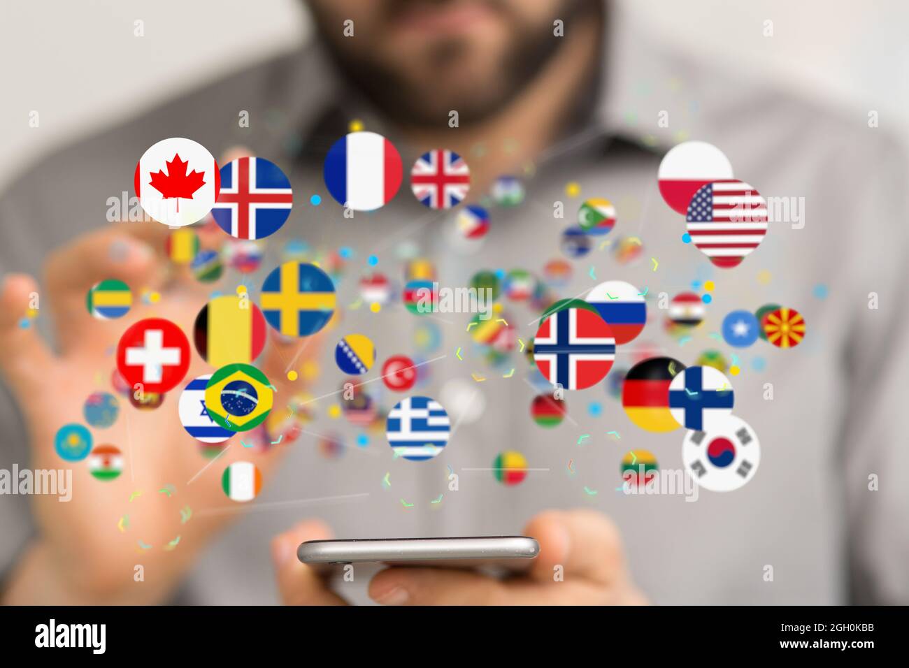 Digital concept of Global communication, floating national flags of the ...