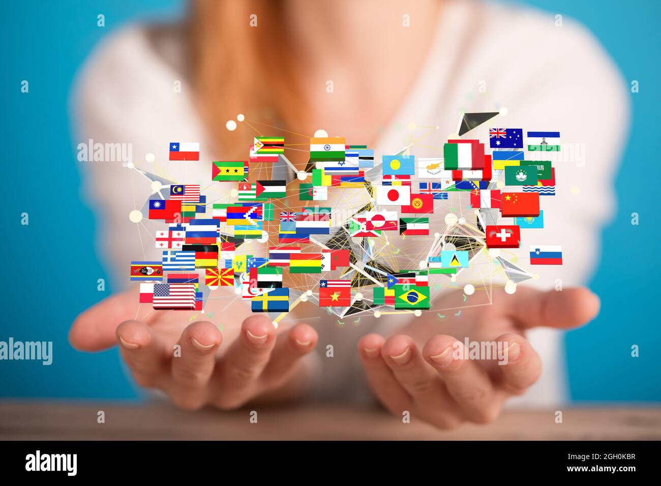 Digital concept of Global communication, floating national flags of the ...