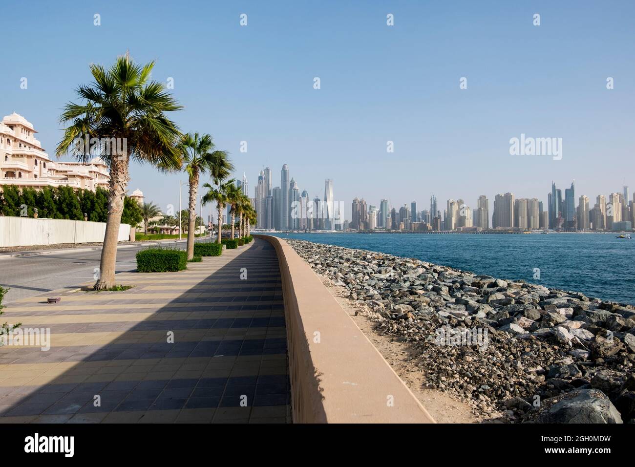 The view of the skyline of Dubai from the corniche of Crescent Road on ...