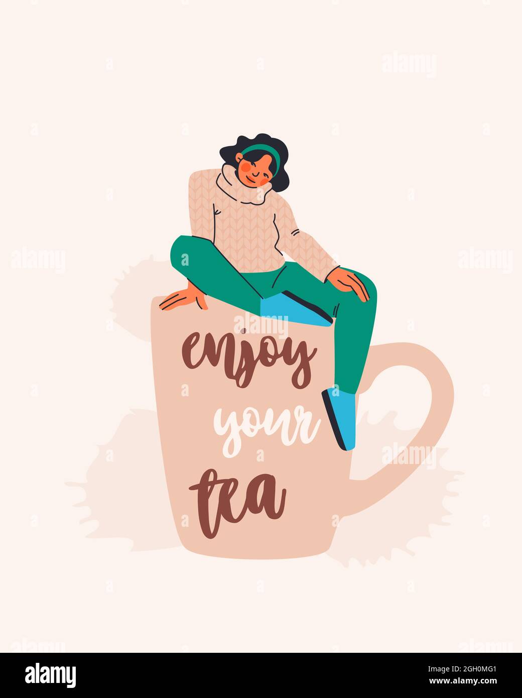 Postcard with text enjoy your tea. Cute young woman in sweater sitting ...