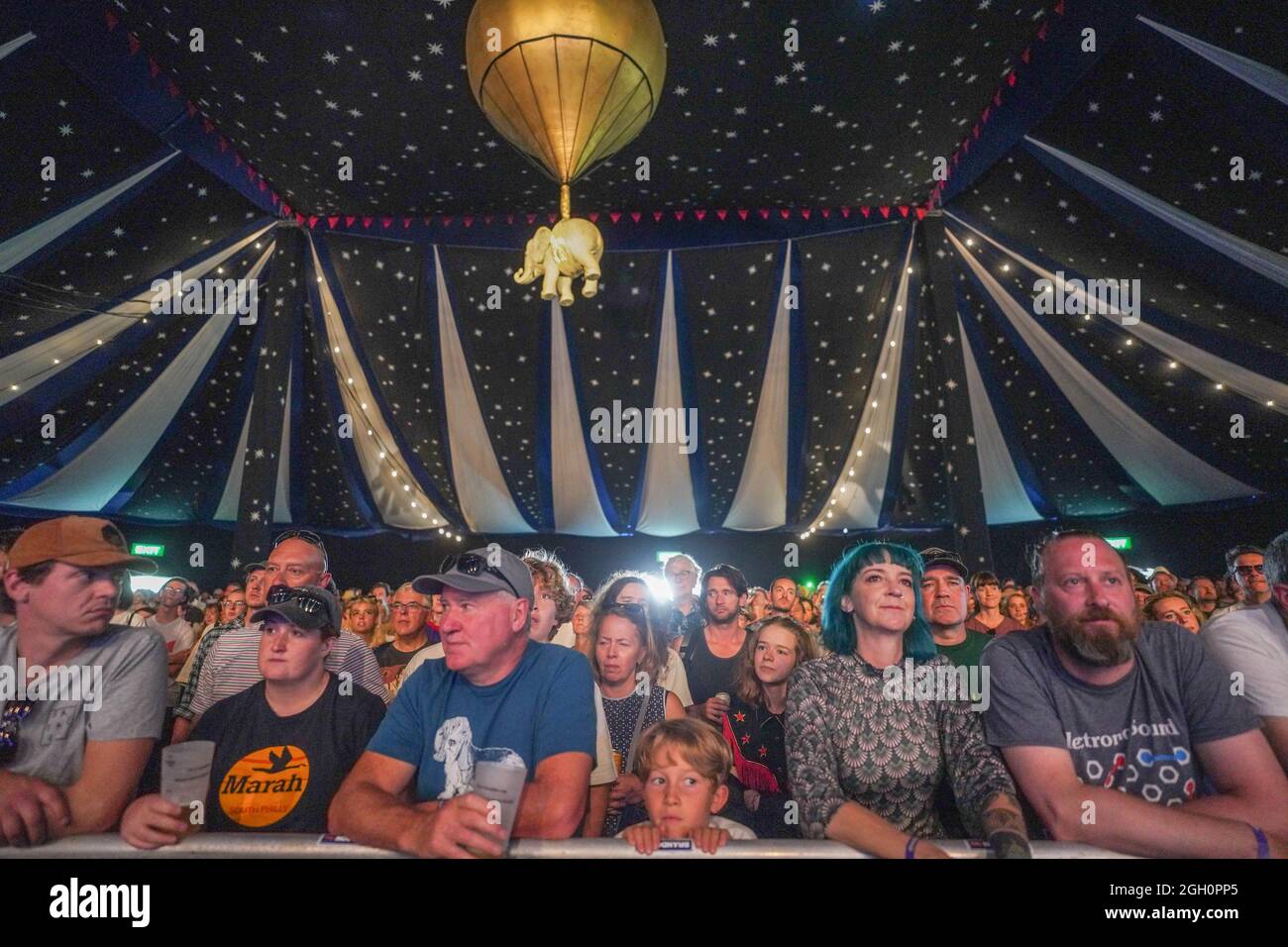 Dorset, UK. September 4th, 2021.Festival goers in the Big Top tent at ...