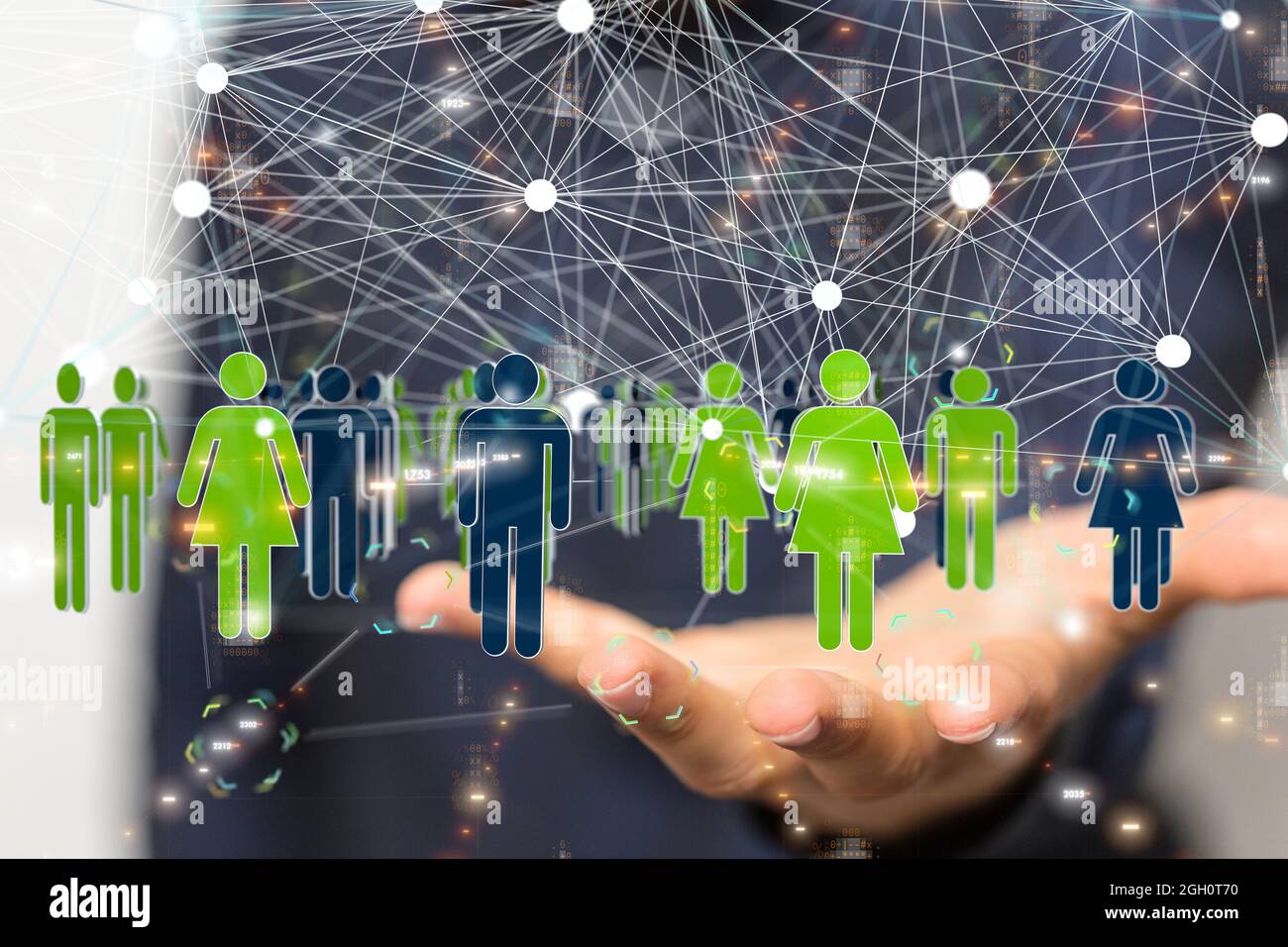 Digital concept of teamwork and partnership, floating profile signs on ...