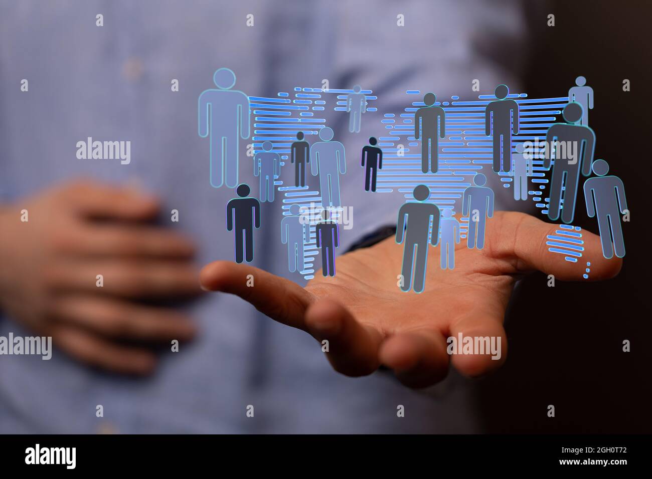 Digital concept of teamwork and partnership, floating profile signs on ...