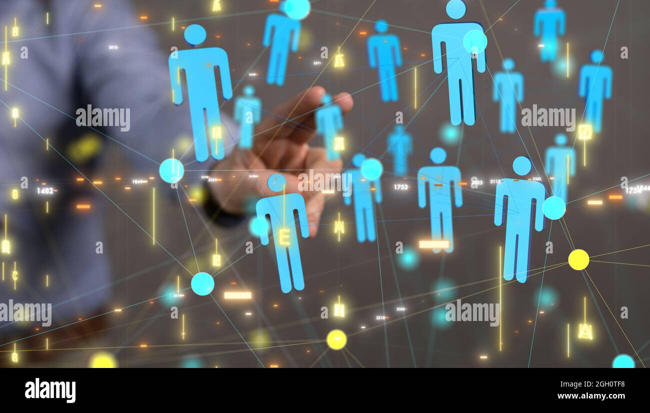 Digital concept of social networking, fingers pointing at floating ...
